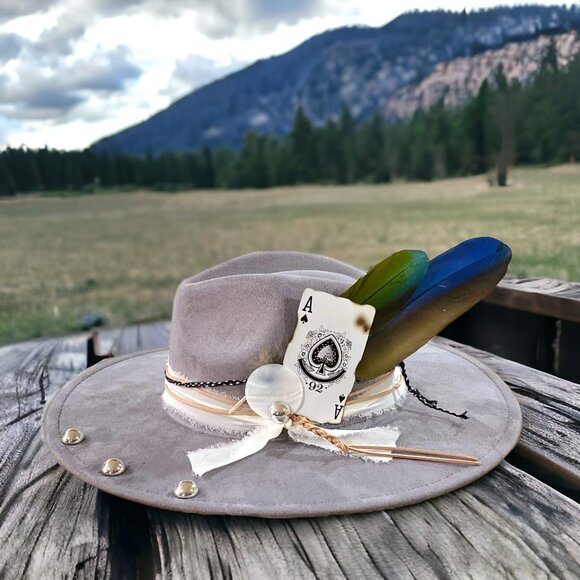 Accessories | Gray Suede Wide Brim Dented Crown Feathers Western ...